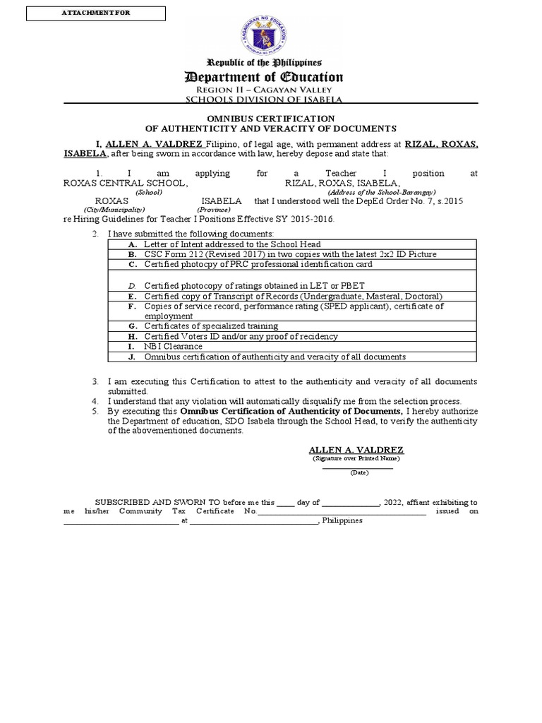 Omnibus Certification for Teacher Application | PDF | Access Control | Authentication