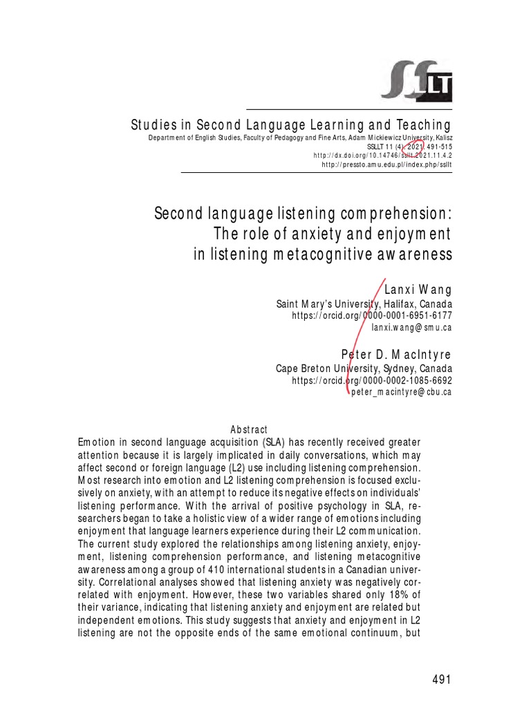 Second Language Listening Comprehension The Role Of Anxiety And Enjoyment In Listening