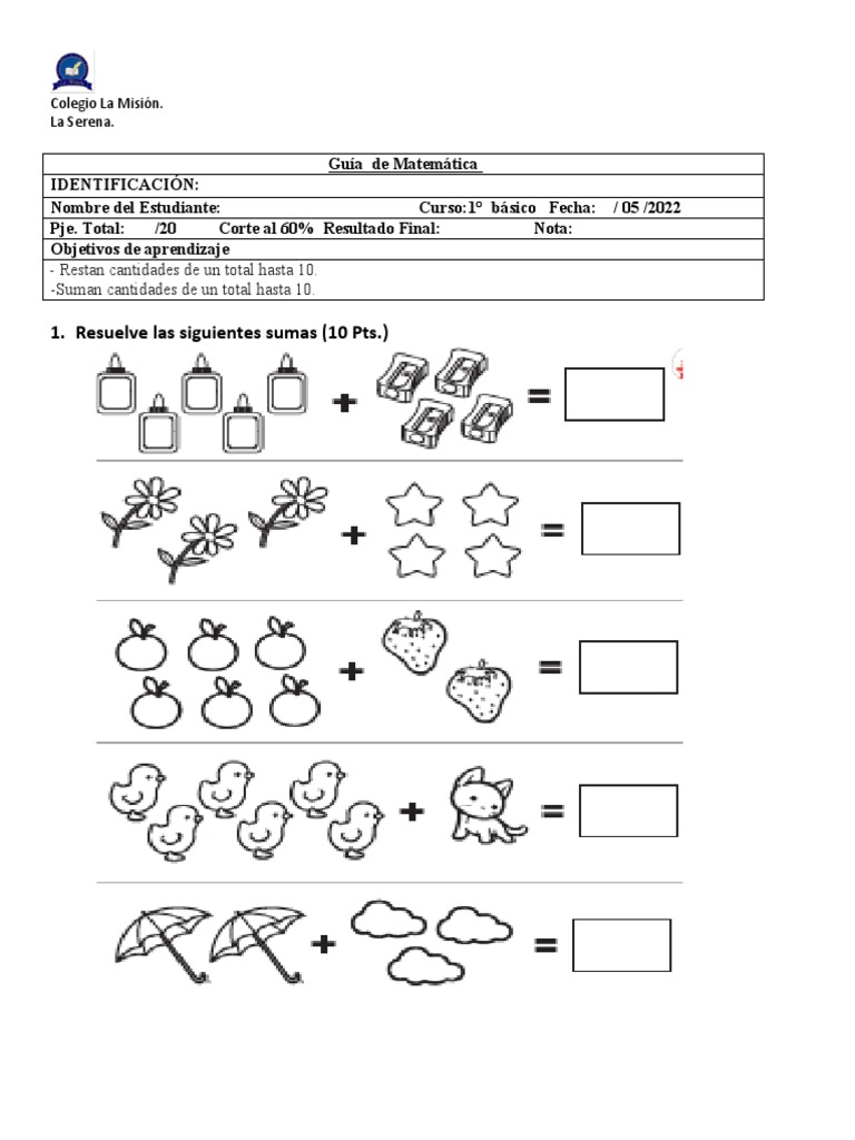 Guia de Matemática Sumas y Restas Hasta El 10 | PDF | Métodos y ...
