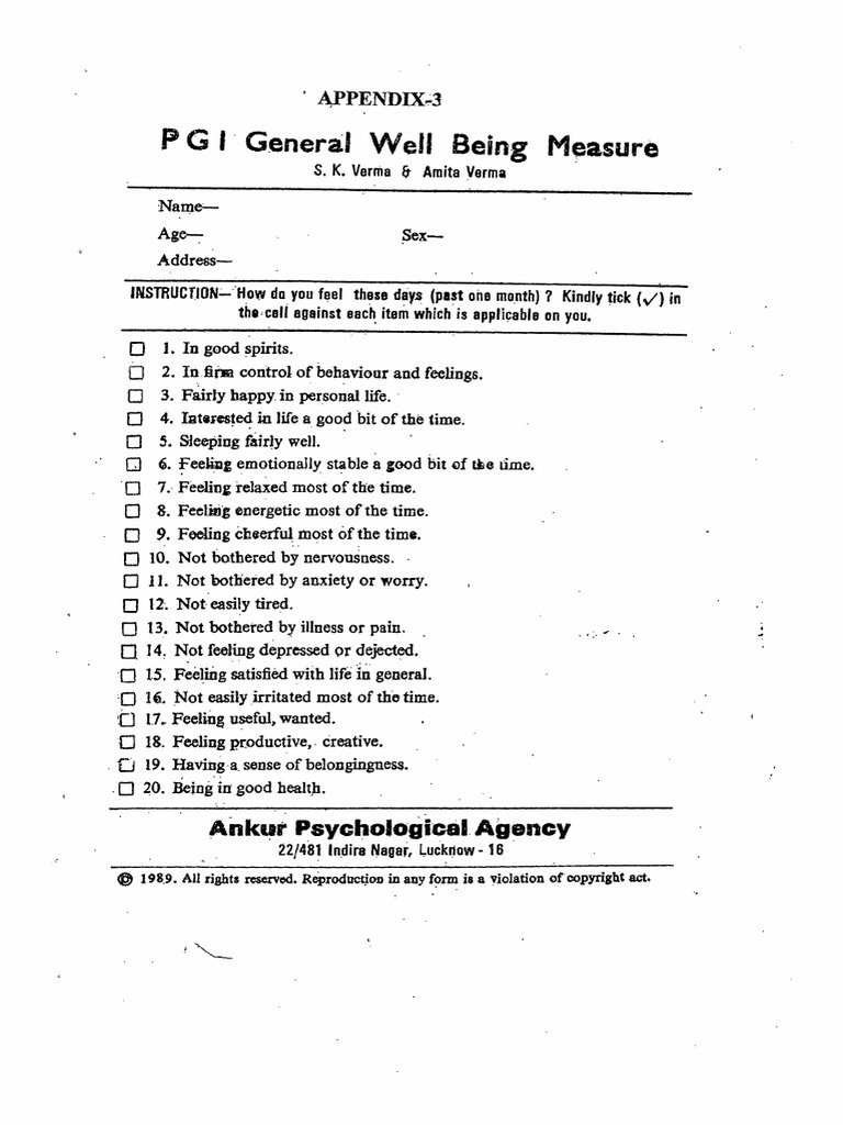 Pgi General Wellbeing Scale by Verma (Eng & Beng) | PDF | Metaphysics ...