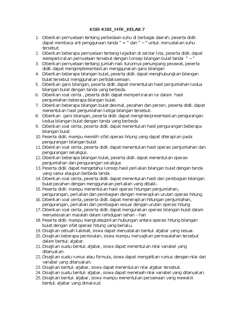 Kisi-Kisi - PAS - Kelas 7 - 2022 | PDF