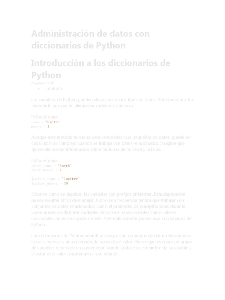 Administración de Datos Con Diccionarios de Python | PDF | Python (lenguaje de programación ...