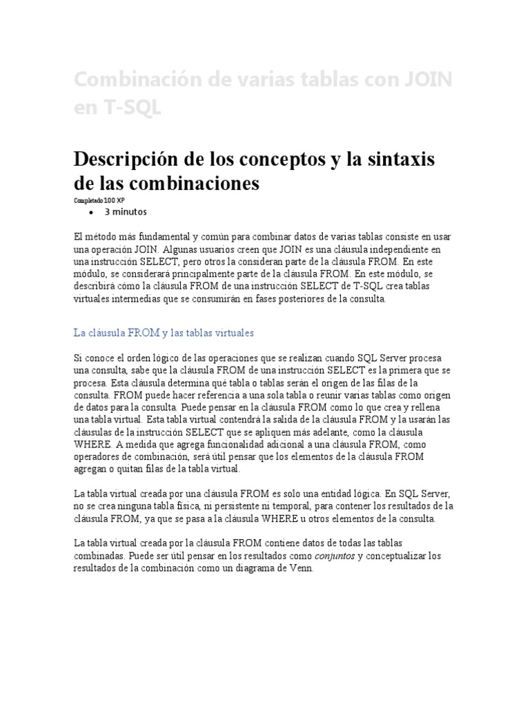 Combinación De Varias Tablas Con Join En Sql Pdf Sql Servidor Sql De Microsoft