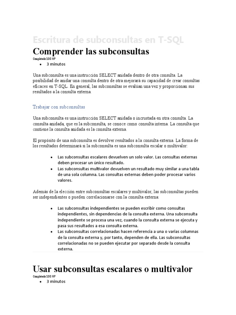 Comprender Las Subconsultas: Escritura de Subconsultas en T-SQL | PDF | SQL | Servidor SQL de ...