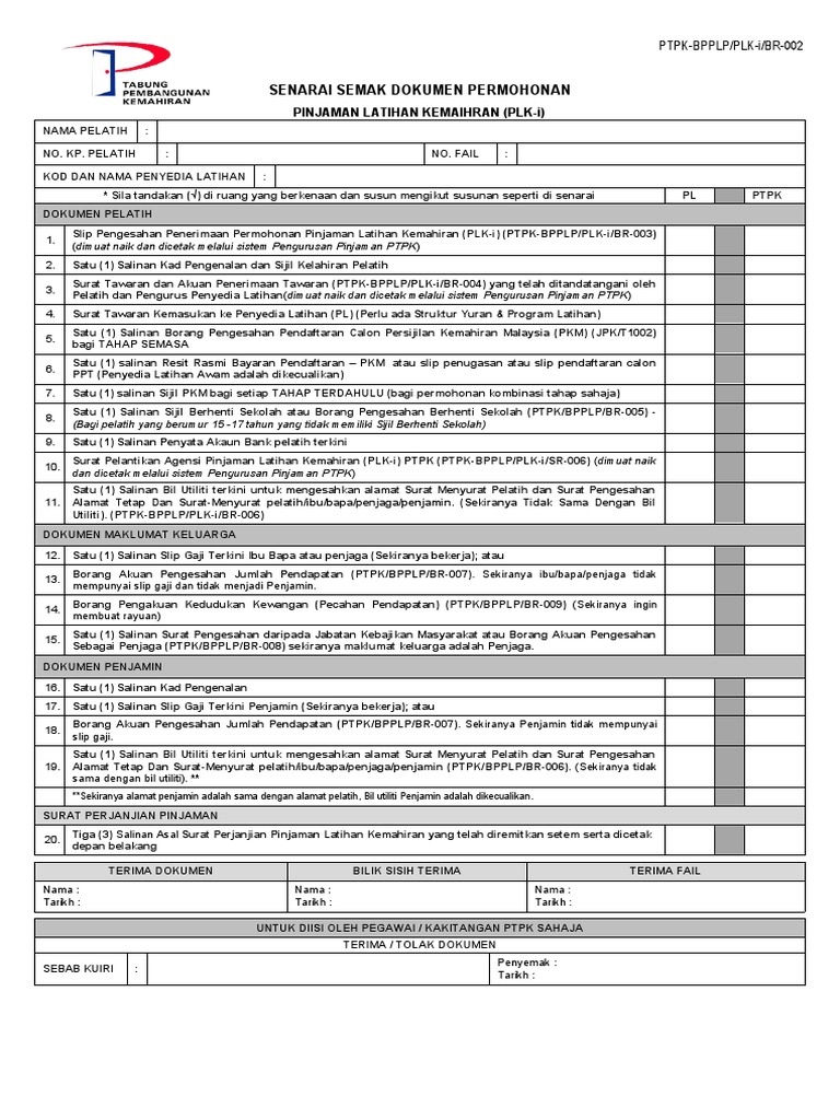 LAMPIRAN 2-SENARAI SEMAK DOKUMEN PERMOHONAN PINJAMAN LATIHAN KEMAHIRAN ...