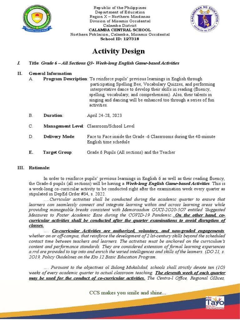 Activity Design: Calamba Central School School ID: 127318 | PDF ...