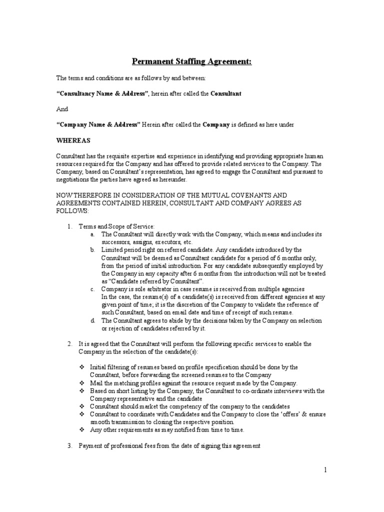 Permanent Staffing Agreement: Terms and Conditions for Consultancy ...