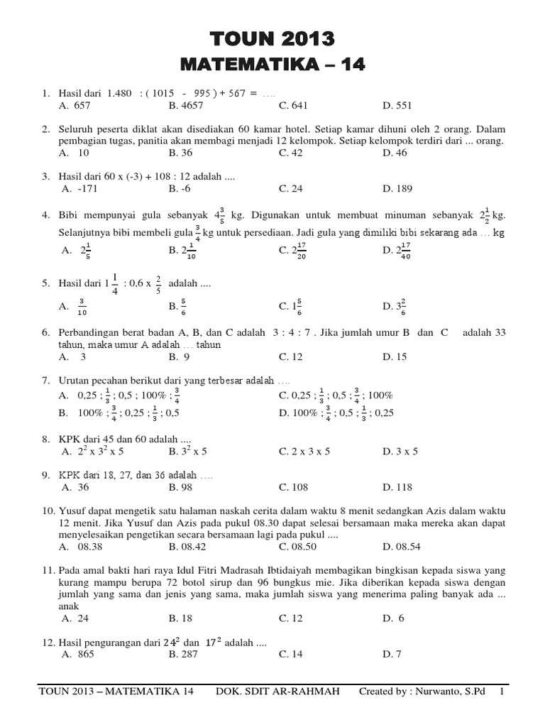 Tryout Matematika 14 Pdf