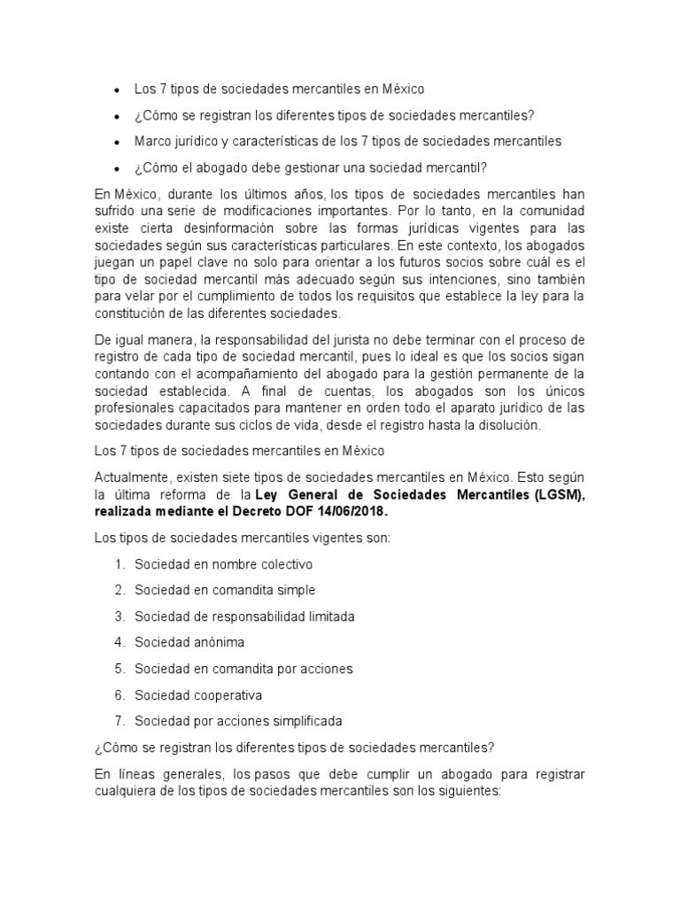 Los 7 Tipos de Sociedades Mercantiles en México | PDF | Sociedad de responsabilidad limitada ...