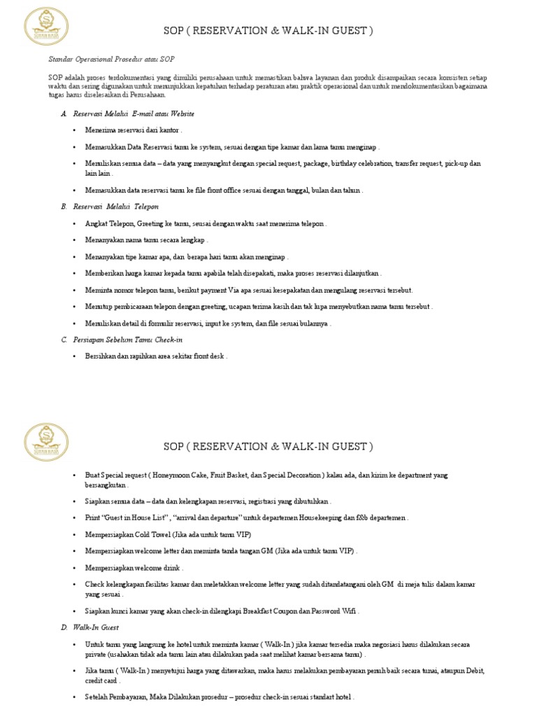 Proses SOP (Reservation, Cin-Cout) | PDF | Hukum