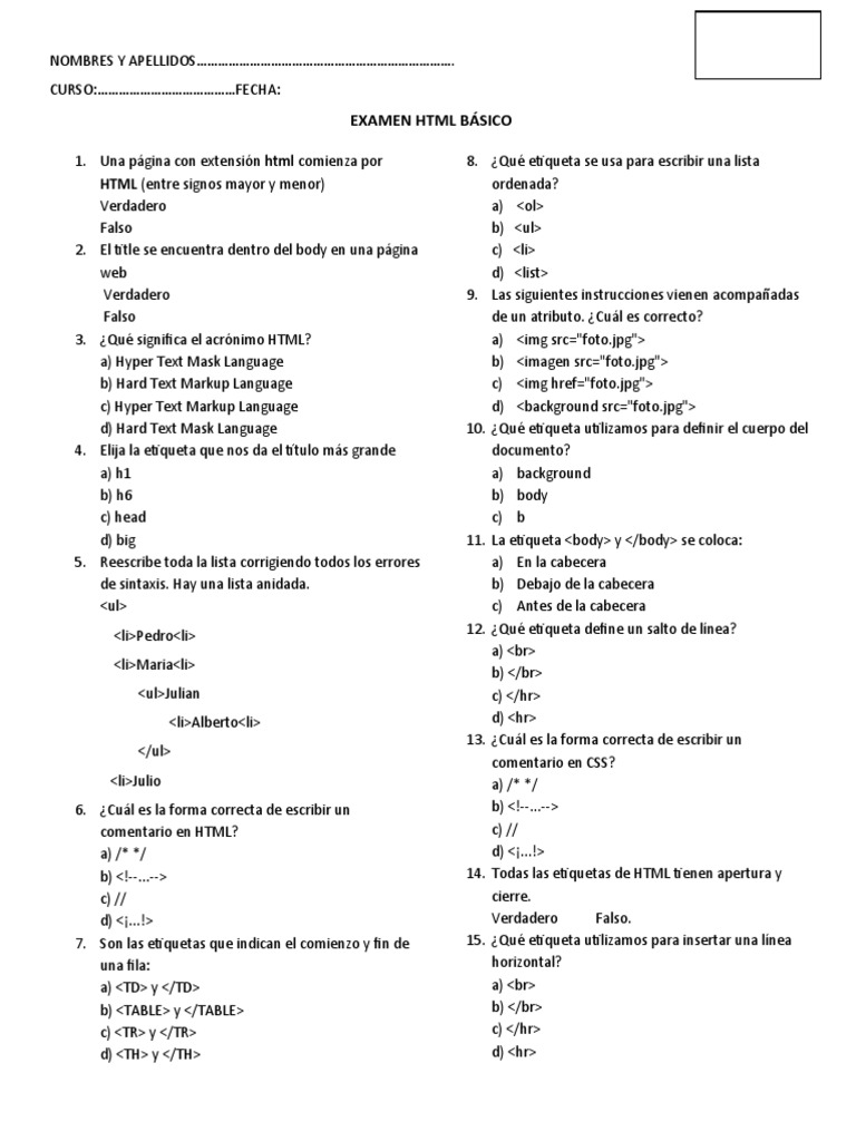 Examen 1-HTML | Descargar gratis PDF | HTML | Desarrollo de software