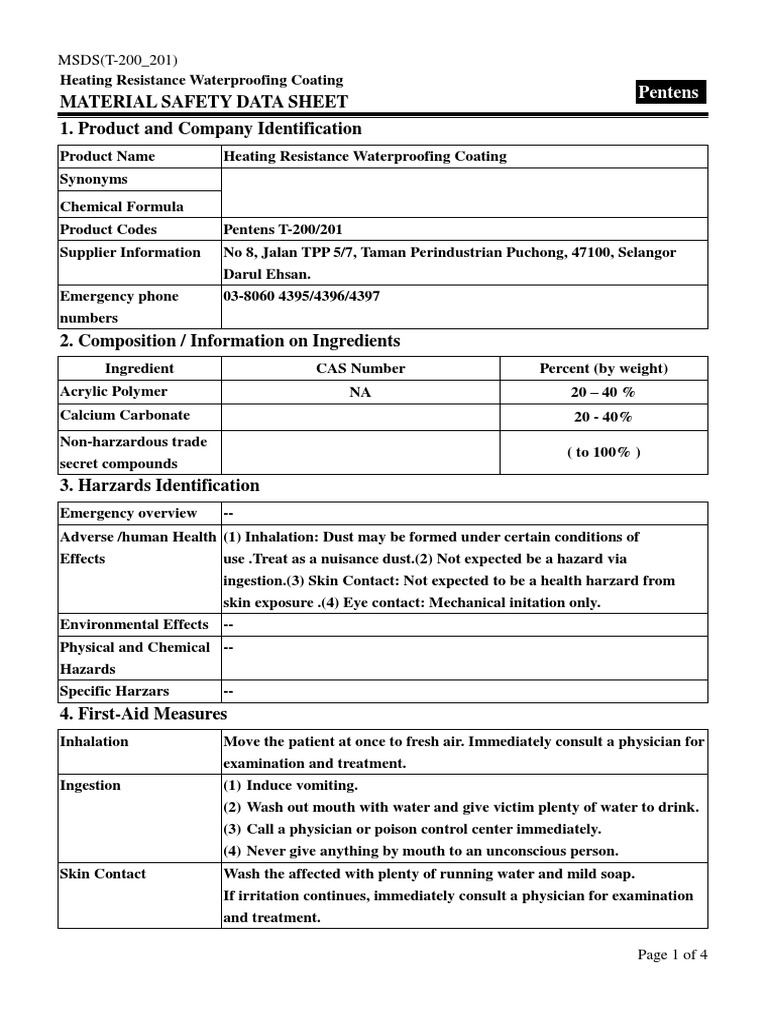 Material Safety Data Sheet 1. Product and Company Identification | PDF | Dangerous Goods ...
