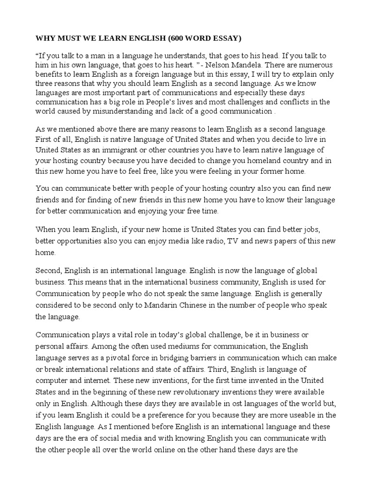 Why Must We Learn English (600 Word Essay) | PDF | English Language ...