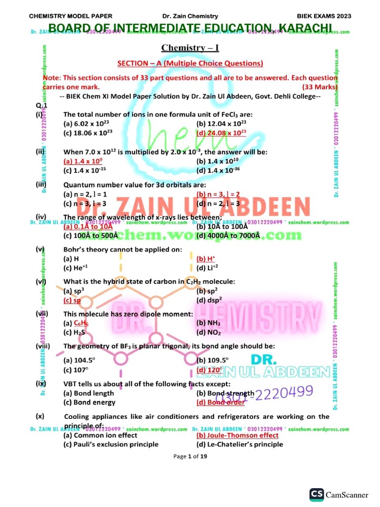 1st Year Chemistry Model Paper Solved | PDF