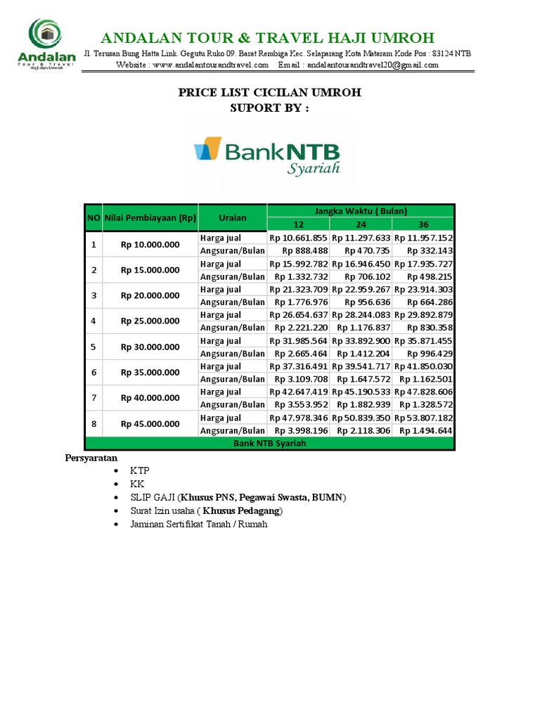 Price List Cicilan Umroh by Bank NTB | PDF