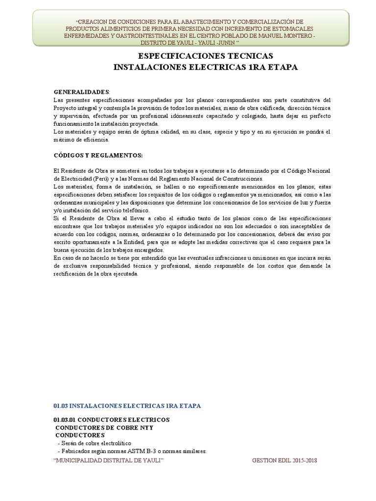 05 Esp. Tec. Inst. Electricas 1ra Etapa | PDF | Conductor electrico ...