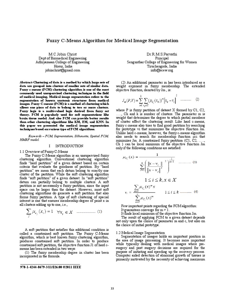 Fuzzy C-Means Algorithm For Medical Image Segmentation: M.C.Jobin ...