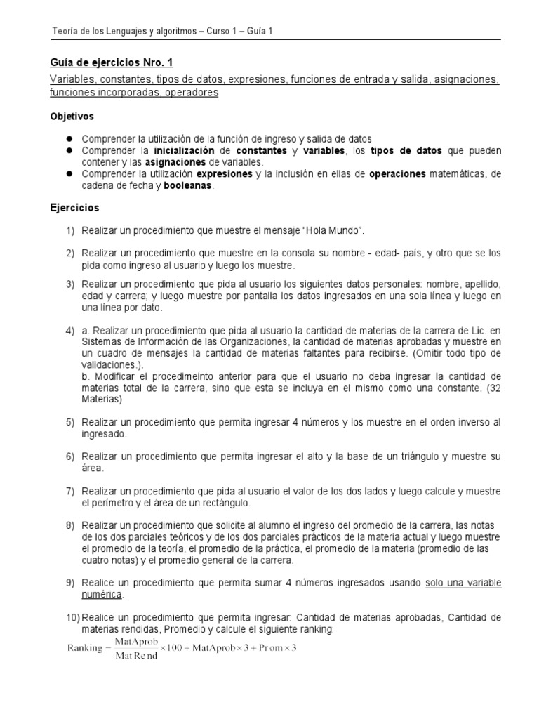 Ejercicios de Algoritmos y Variables | PDF | Algoritmos | Lenguaje de ...