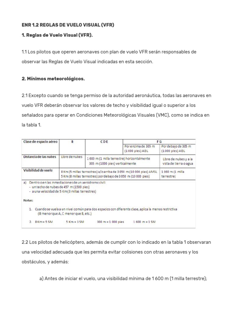 Enr 1.2 Reglas de Vuelo Visual (VFR) 1. Reglas de Vuelo Visual (VFR) | PDF | Control de tráfico ...