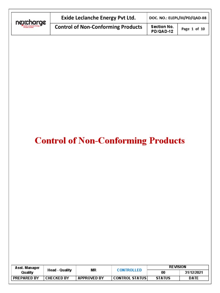 Procedure For Control of Non-Conforming Product | PDF | Audit | Computing