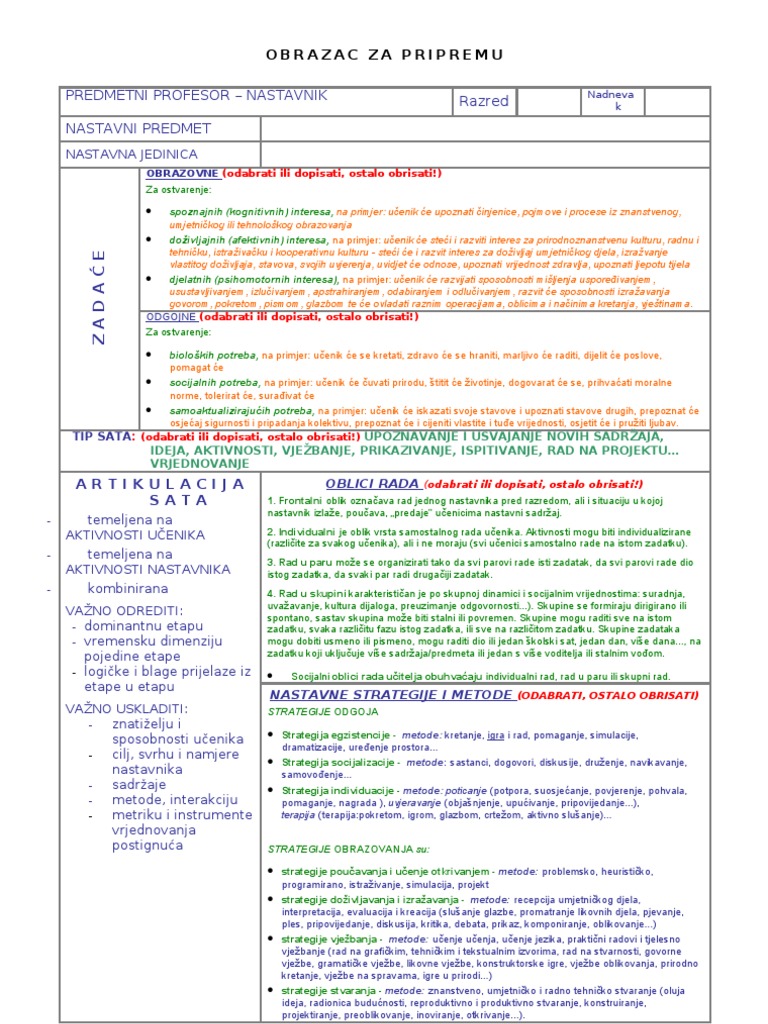 Podsjetnik Za Pisanje Pripreme | PDF