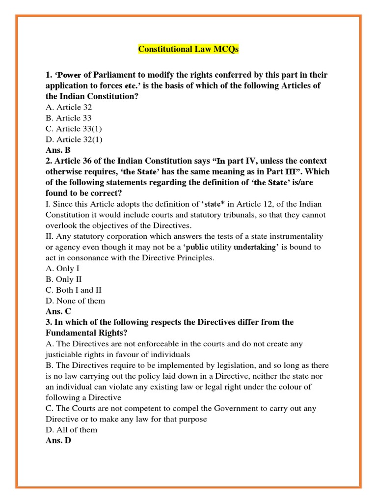 Constitutional LAW 145 MCQs | PDF | Presidents Of The United States ...