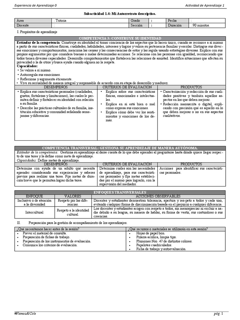 Competencia 3: Construye Su Identidad: Subactividad 1.4: Mi Autorretrato Descriptivo. | PDF ...