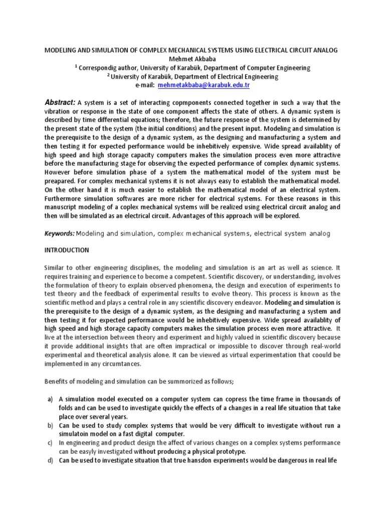 Modeling Complex Mechanical Systems Using Electrical Circuit Analogs: A Methodology for ...