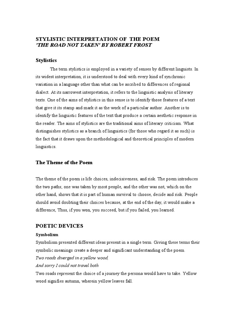 Stylistic Interpretation of The Poem 'The Road Not Taken' by Robert Frost | PDF | Linguistics ...
