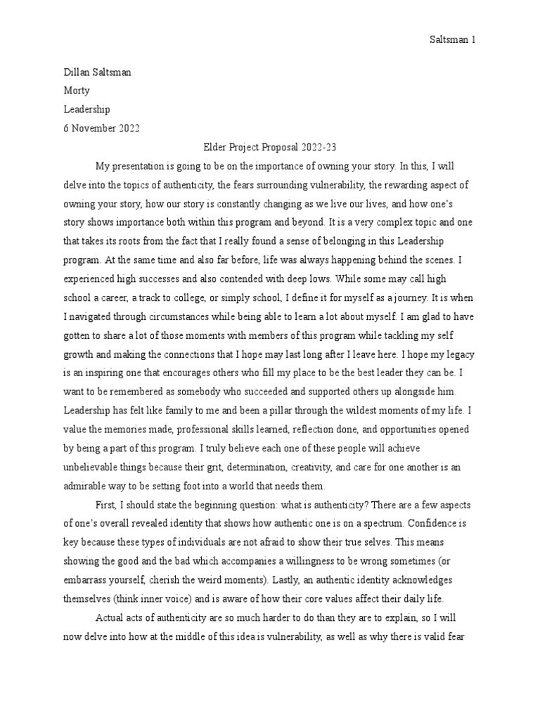 dillan saltsman- elder project proposal | PDF | Experience | Leadership