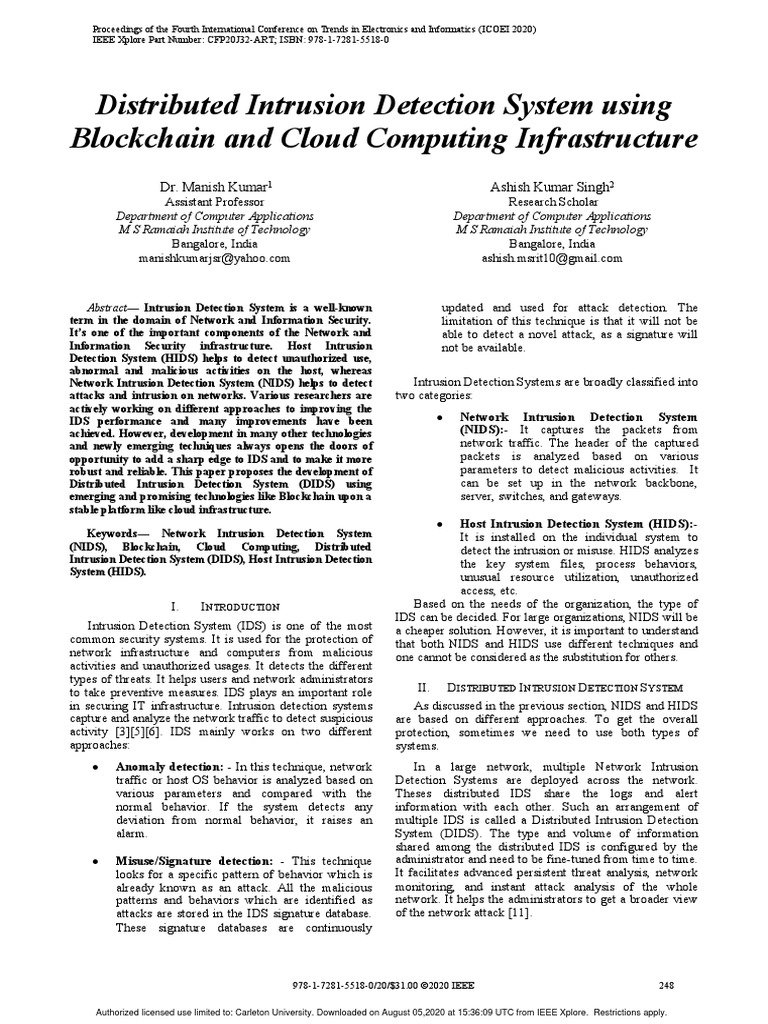 Distributed Intrusion Detection System Using Blockchain and Cloud Computing Infrastructure ...