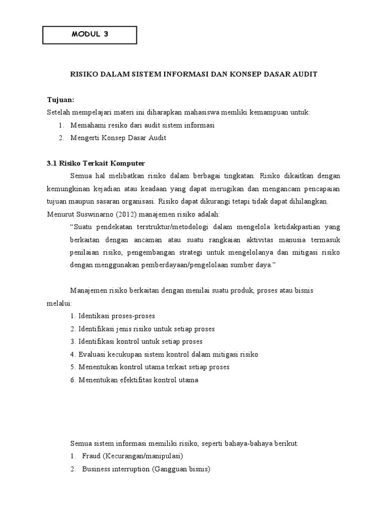 Modul 3 RISIKO DALAM SISTEM INFORMASI DAN KONSEP DASAR AUDIT | PDF