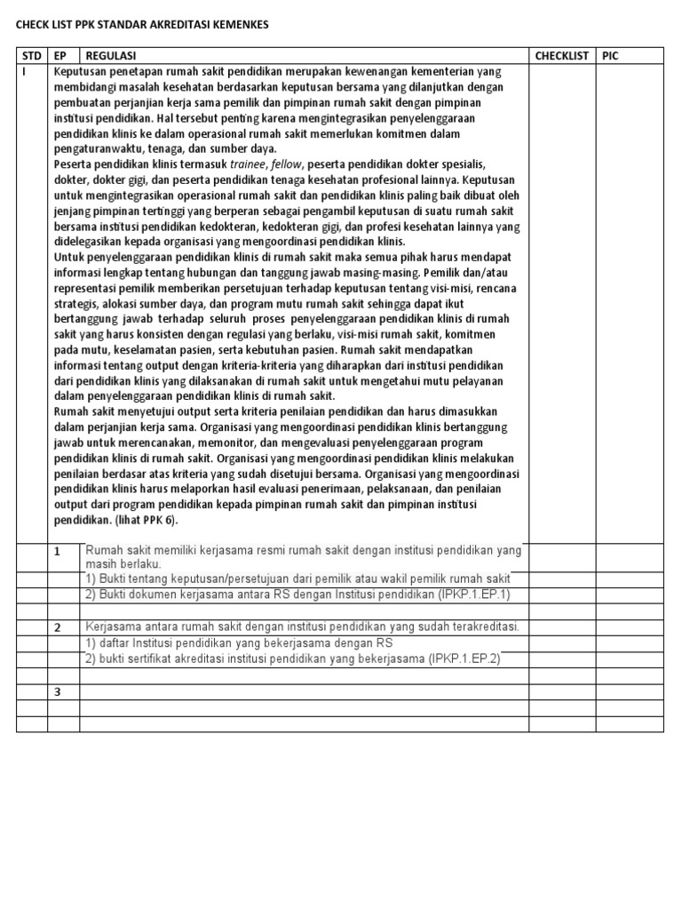 Check List PPK Standar Akreditasi Kemenkes | PDF