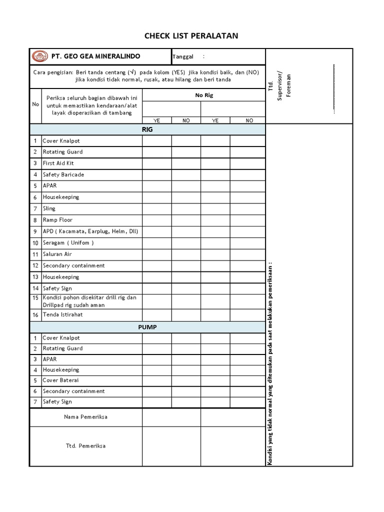 Ceklist Alat Rig | PDF