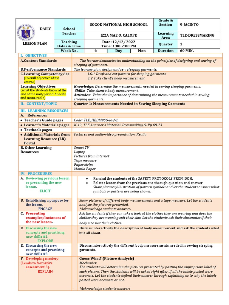 Dressmaking LP 1 | PDF | Learning | Clothing