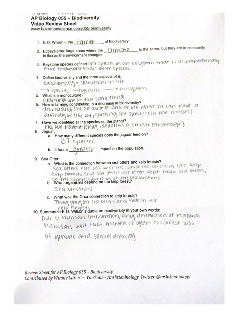 AP Biology 055 - Bozeman Biodiversity Video Review Sheet | PDF