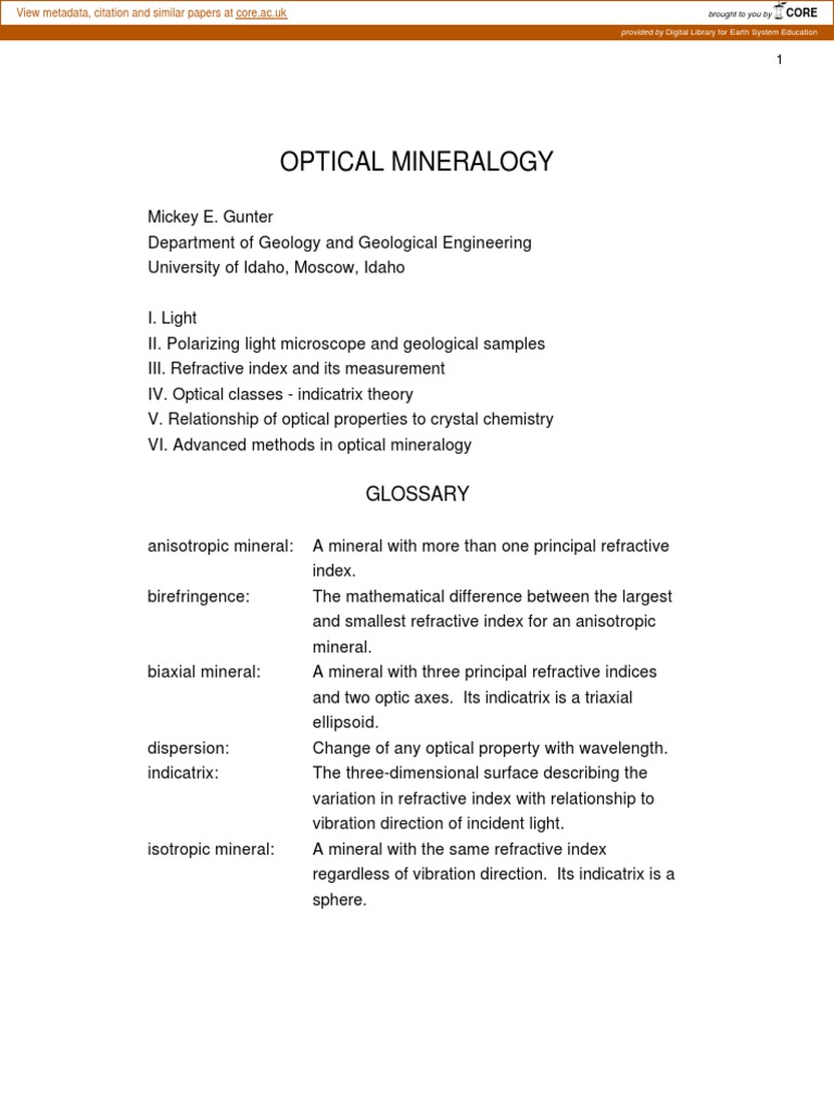 Optical Mineralogy: Glossary | PDF | Refractive Index | Polarization ...