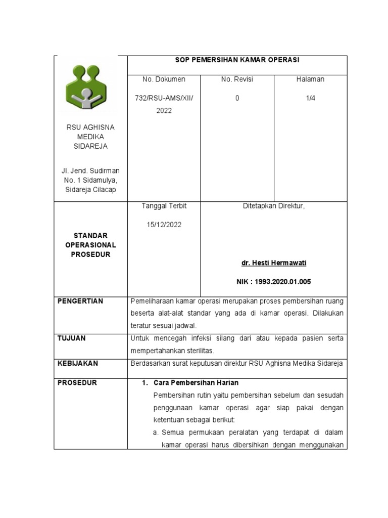 Sop Pembersihan Kamar Operasi | PDF