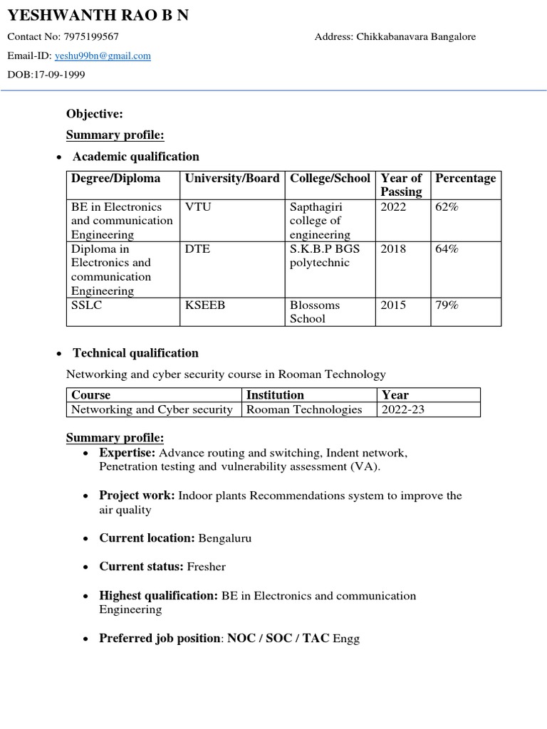 Electronics Engineer Resume for NOC/SOC Roles | PDF | Malware ...