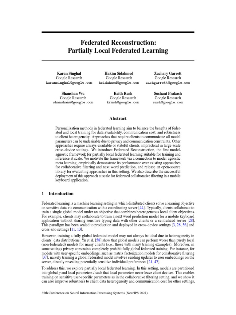 Federated Reconstruction: Partially Local Federated Learning | Download Free PDF | Cognition ...