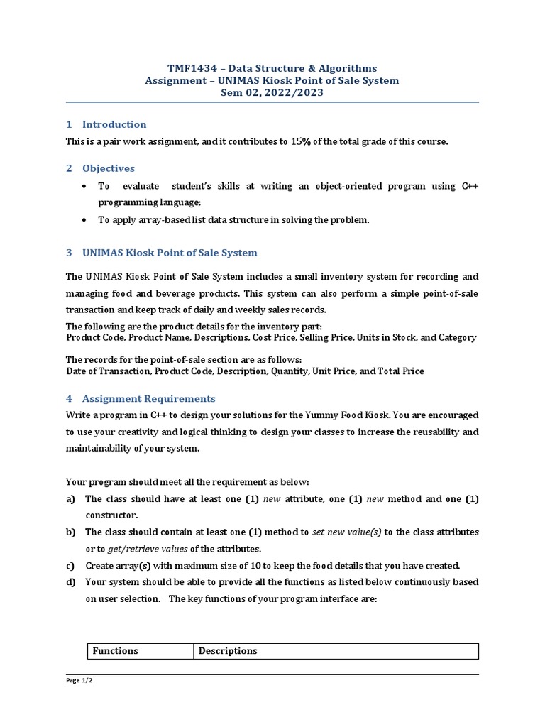 TMF1434 - Data Structure & Algorithms Assignment - UNIMAS Kiosk Point of Sale System Sem 02 ...