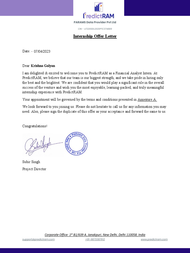 Internship Offer Letter: Krishna Golyan | PDF | Trade Secret | Invention