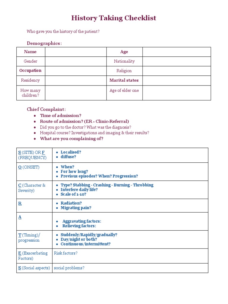 Comprehensive History Taking Checklist | PDF | Public Health | Health ...