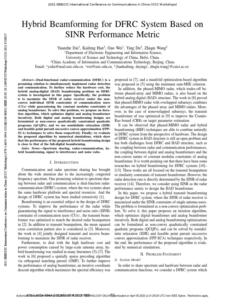 Hybrid Beamforming For DFRC System Based On SINR Performance Metric ...