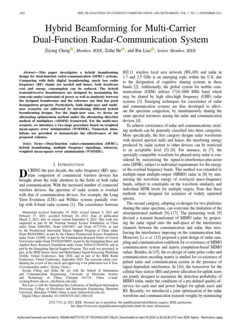 Hybrid Beamforming For Multi Carrier Dual Function Radar Communication System Download Free