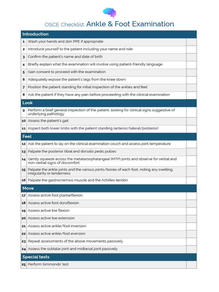 Ankle & Foot Exam OSCE Checklist | PDF