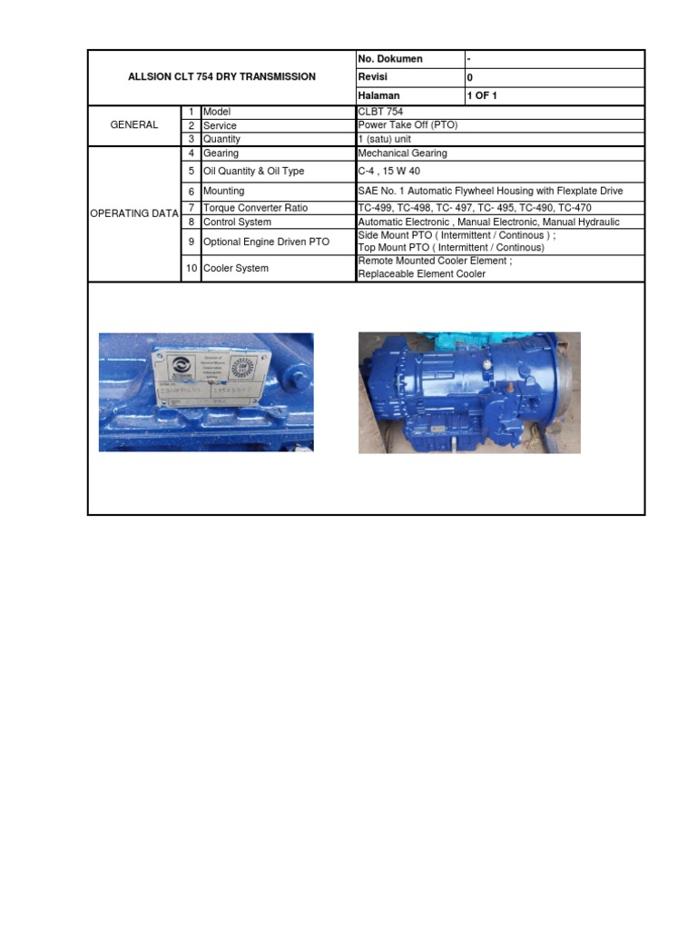 Allsion CLT754 Dry Transmission Specs | PDF | Technology & Engineering