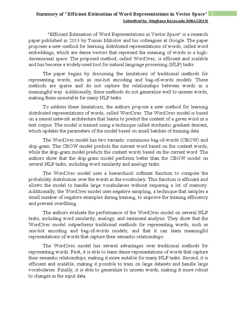 Efficient Estimation of Word Representations in Vector Space - Meghana B | PDF | Computational ...