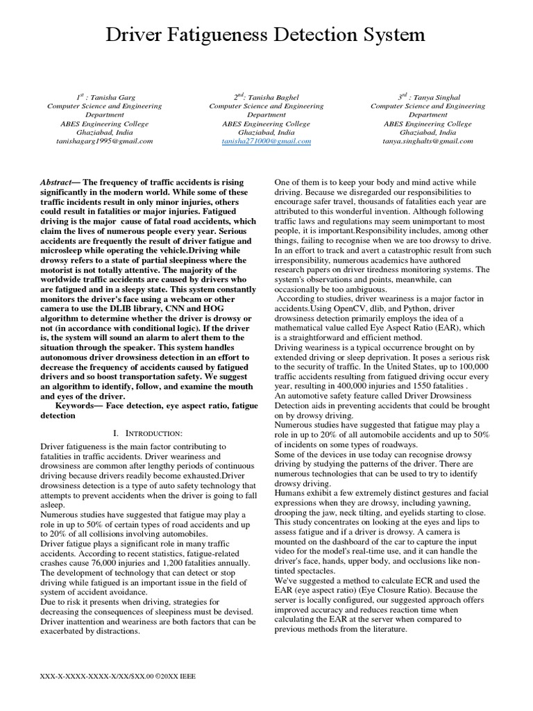 Ieee Research Paper For Drowsiness Detection System Project Pdf