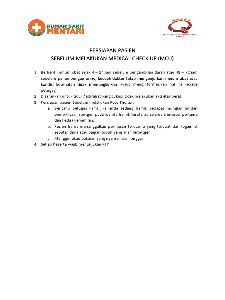 Persiapan Pasien Sebelum Melakukan Medical Check Up (Mcu) | PDF